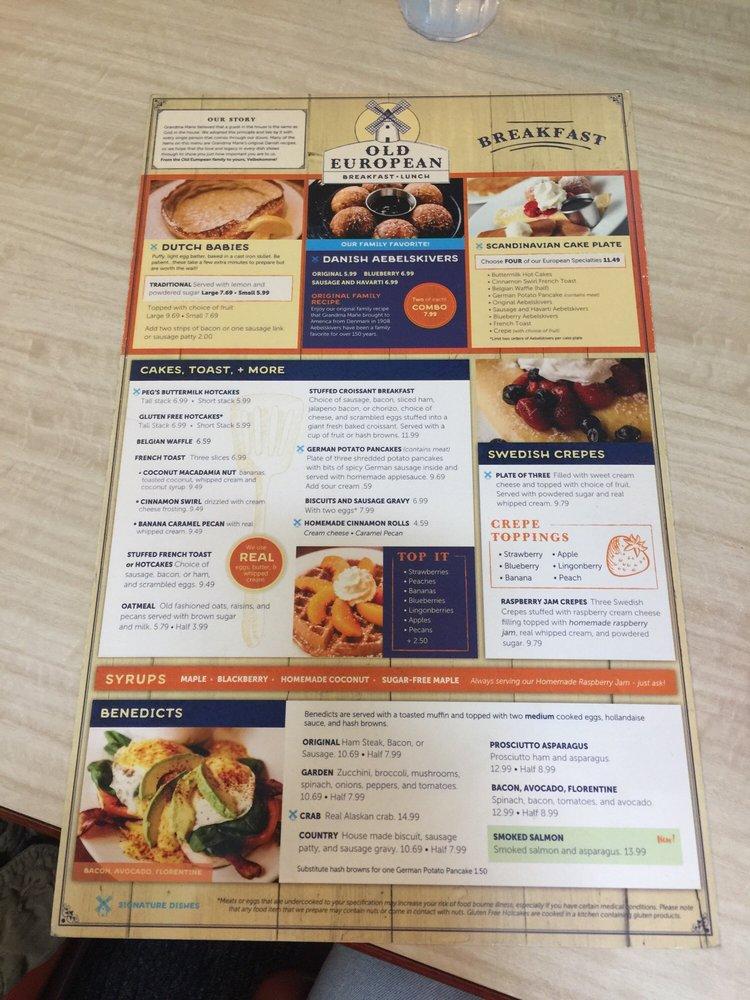 Menu at Old European restaurant, Spokane