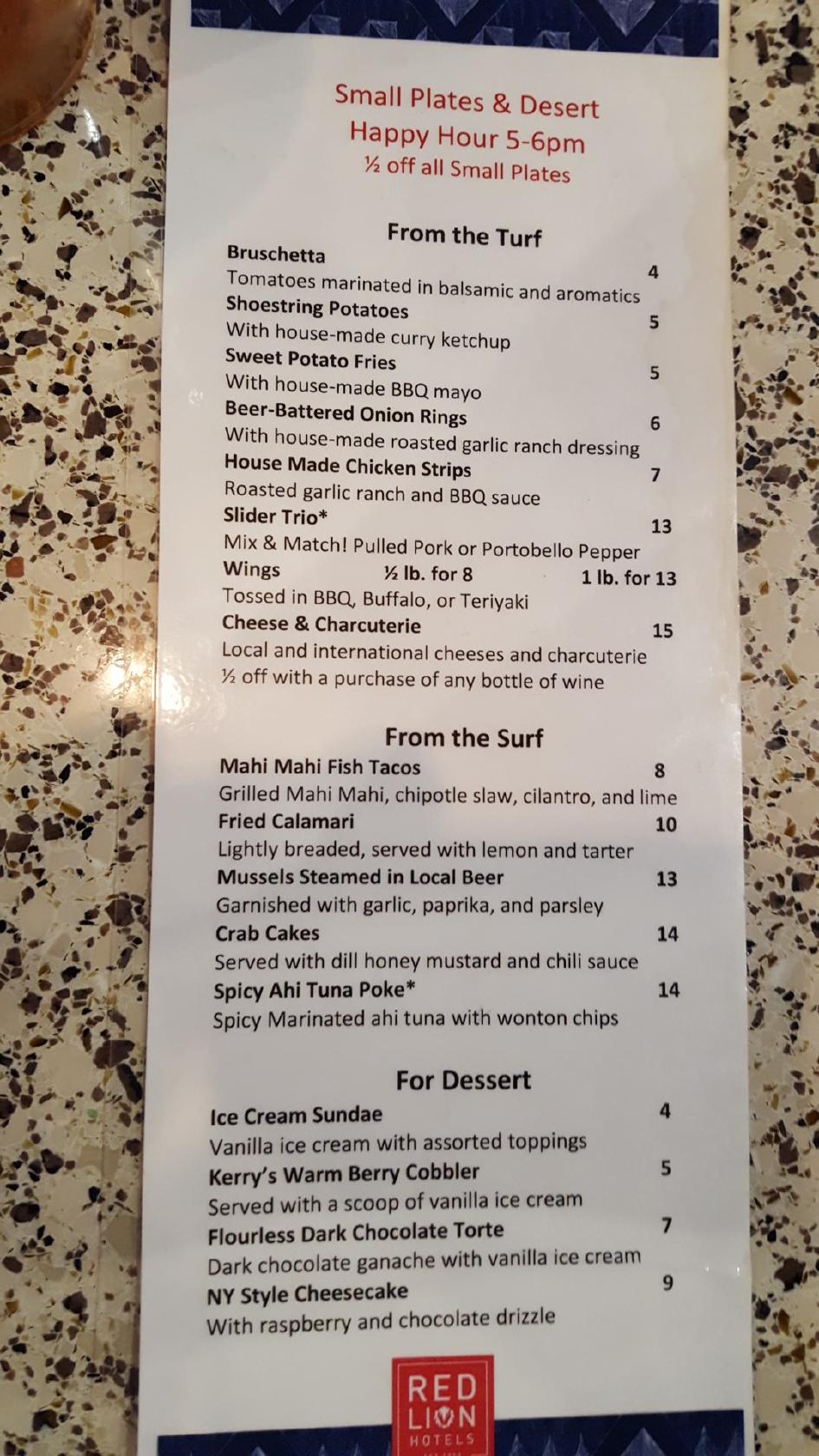 Menu at Pacific Bar & Grill @ Red Lion Hotel, Eureka