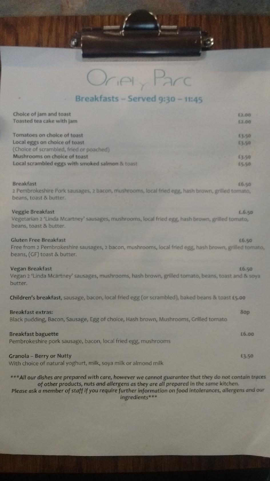 Menu at Pilgrims Cafe, Saint Davids