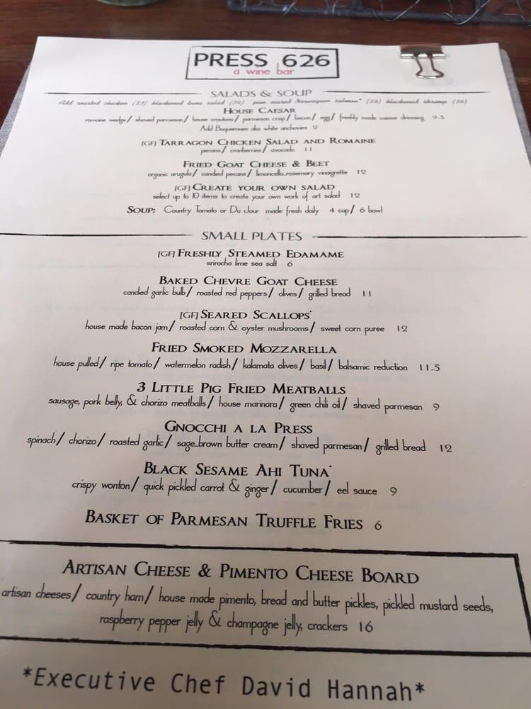 Menu at Press 626 Wine Bar, Norfolk