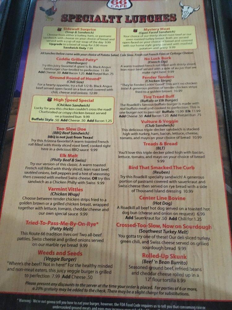 Menu at The Roadkill Cafe/O.K. Saloon, Seligman