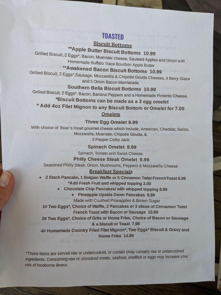Menu at Toasted restaurant, Calabash
