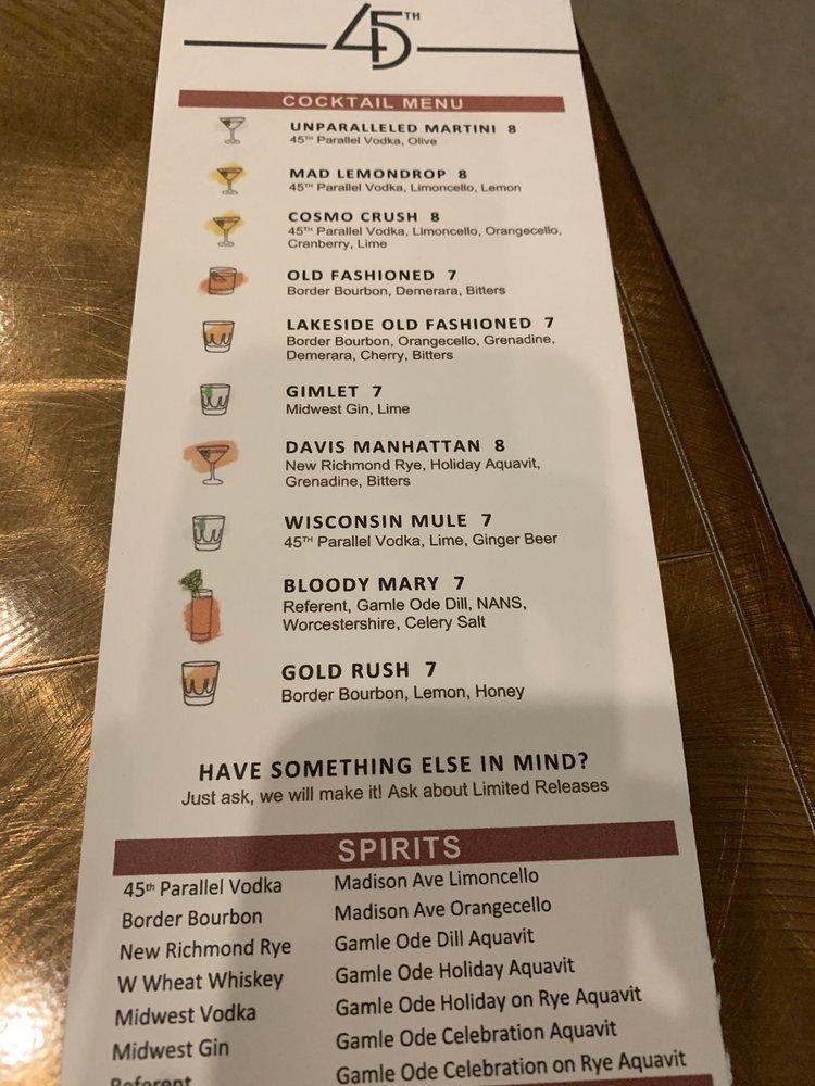 Menu at 45th Parallel Distillery pizzeria, New Richmond