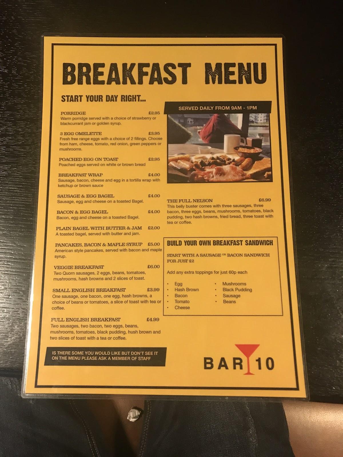 Menu at Bar10, Walsall