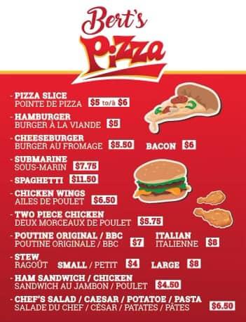 Menu at Bert's Pizza restaurant, Saint Leonard