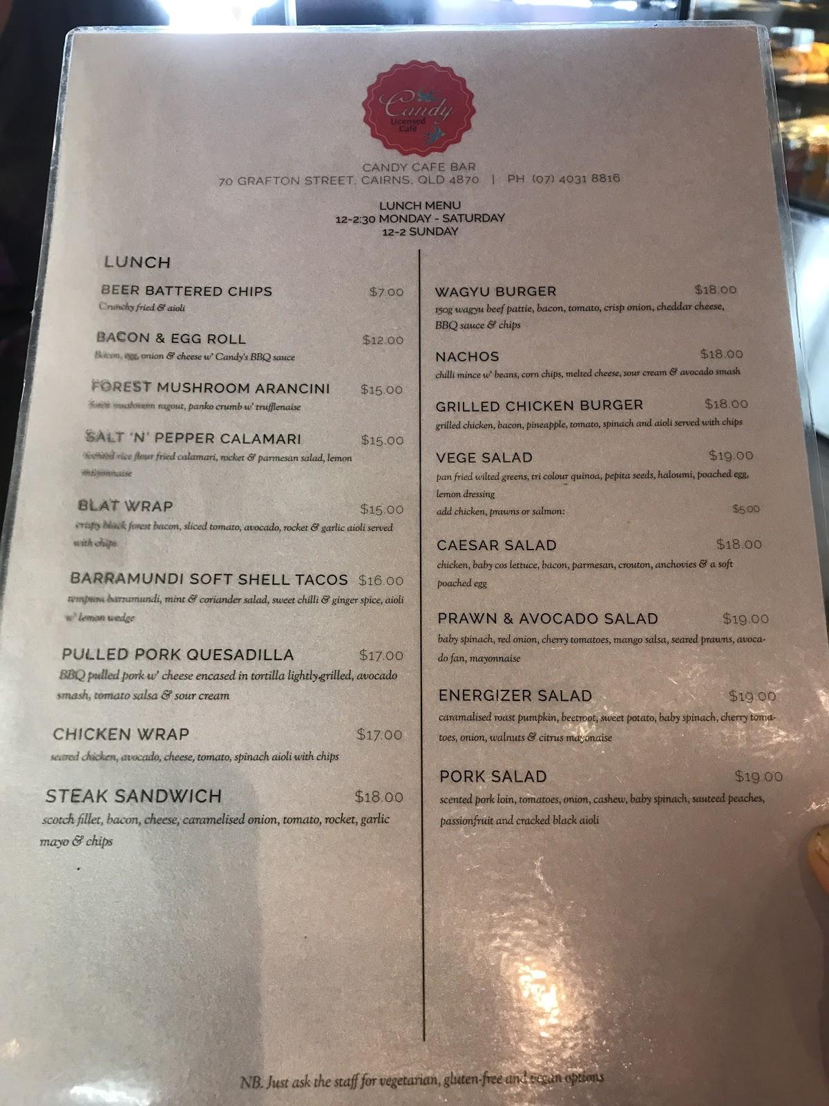 Menu at Candy Cafe Bar, Cairns