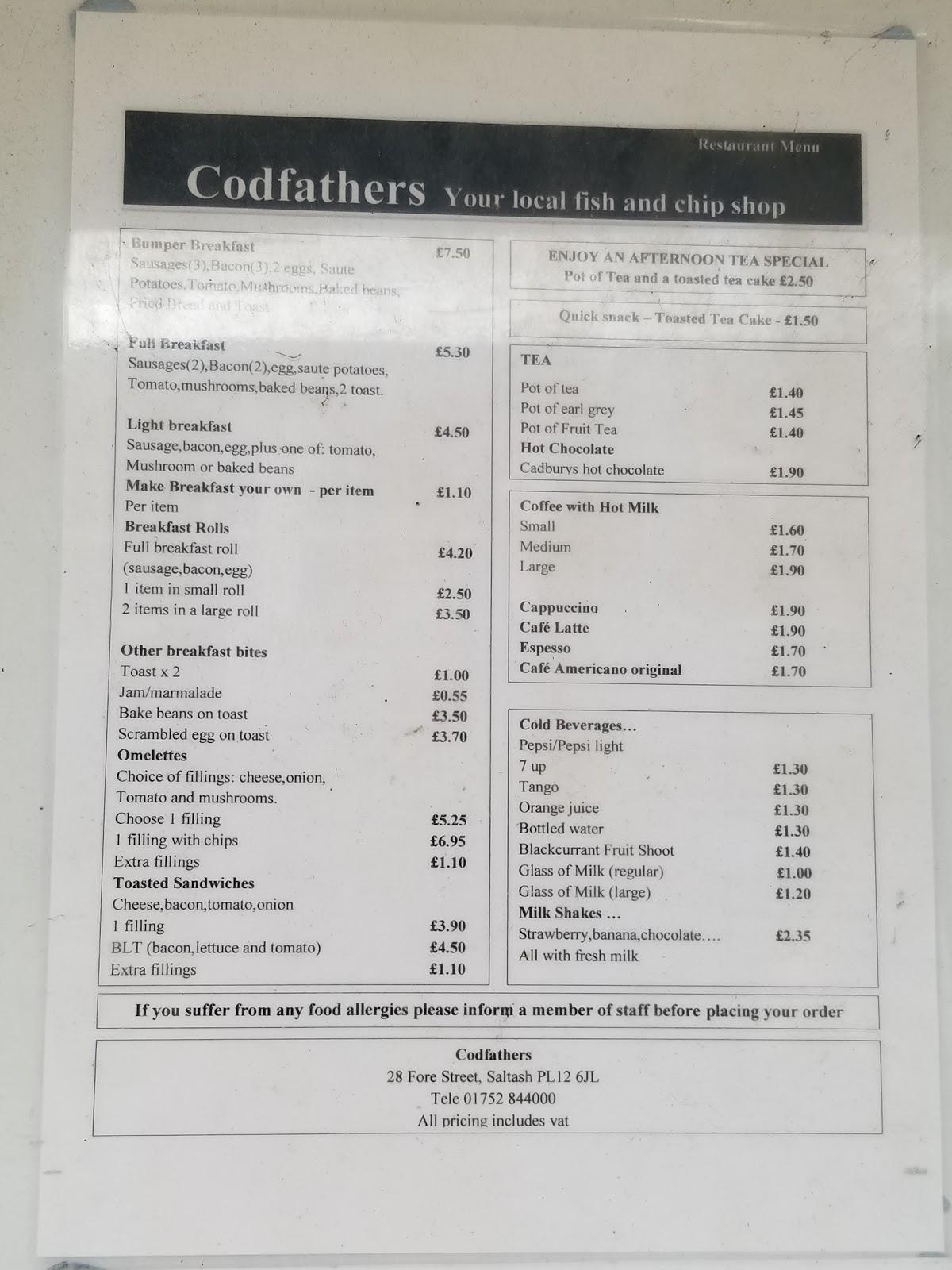 Menu at Codfathers fast food, Saltash