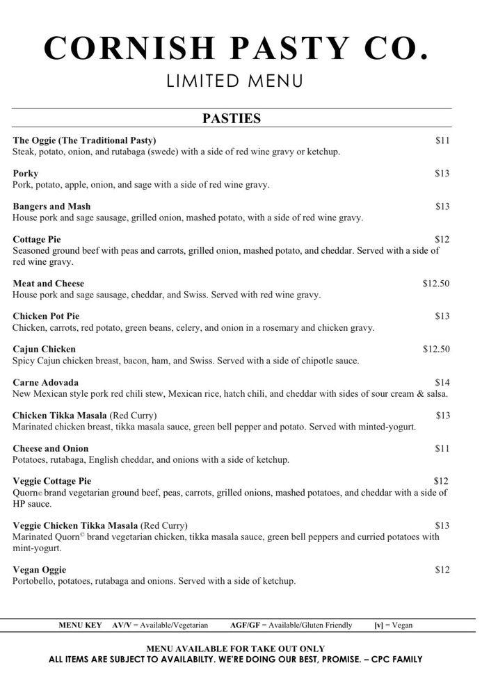 Menu at Cornish Pasty Co pub & bar, Flagstaff