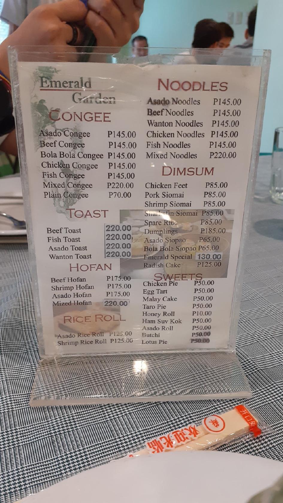 Menu at Emerald Garden restaurant, Manila, Roxas Boulevard Ermita