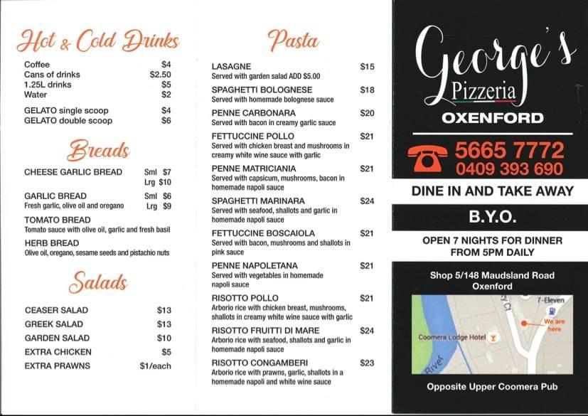 Menu at George's Pizzeria MAUDSLAND, Oxenford, 5/148 Maudsland Rd