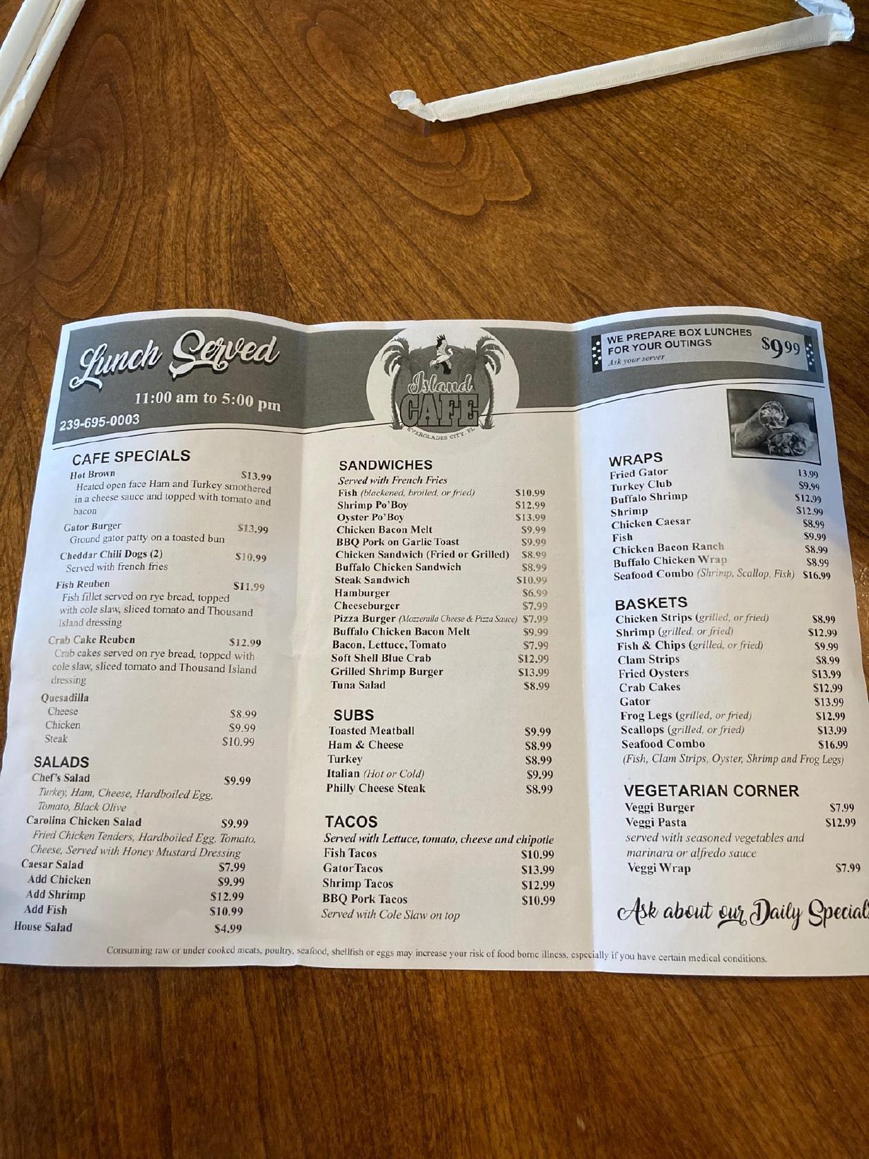 Menu at Island Cafe, Everglades City