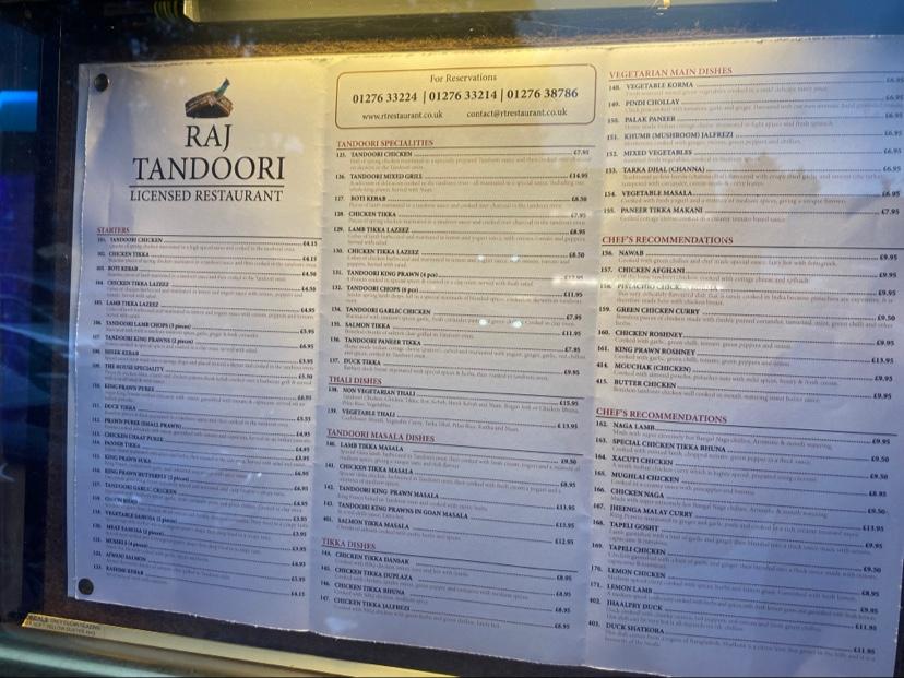 Menu at Raj Tandoori restaurant, Sandhurst