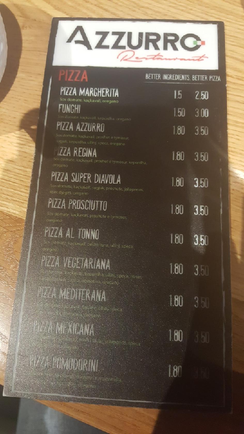 Menu at Restaurant Azzurro, Kosovo