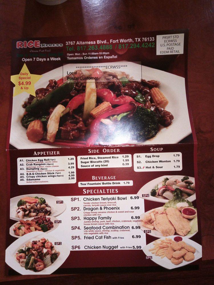 Menu at Rice Xpress restaurant, Fort Worth, Altamesa Blvd