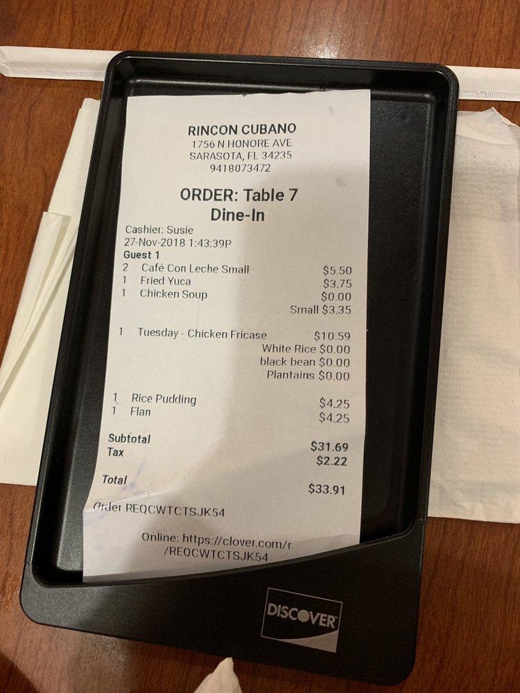 Menu at Rincon Cubano restaurant, Sarasota