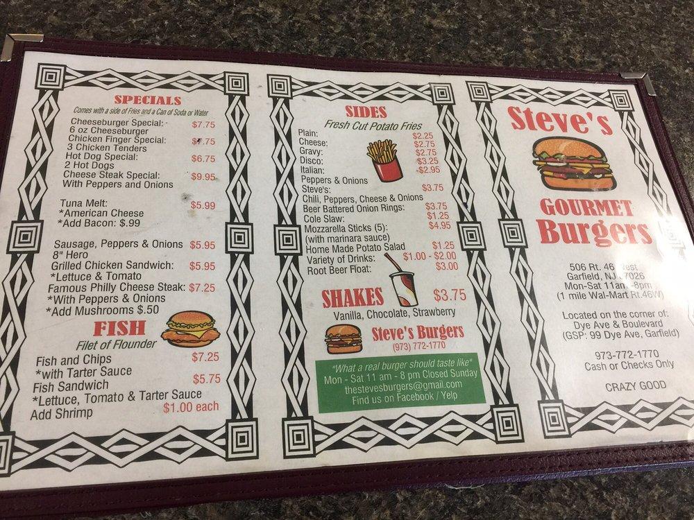 Menu at Steve's Burgers restaurant, Garfield, 506 US-46