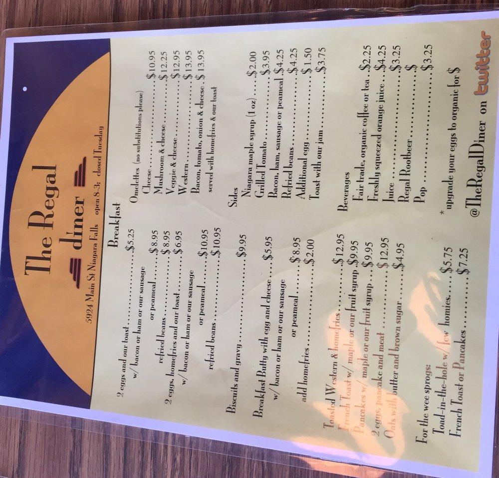 Carta del restaurante The Regal Diner, Niagara Falls