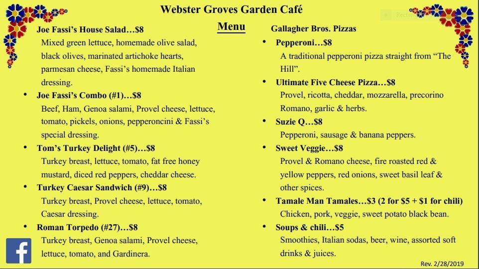 Menu at Webster Groves Garden Cafe, Webster Groves, 117 E Lockwood Ave