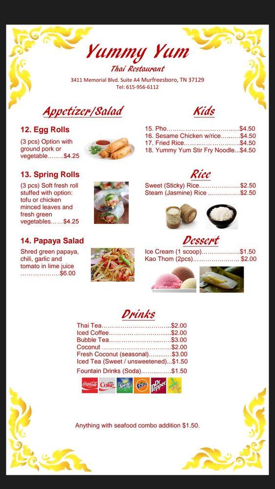 Menu at Yummy Yum Thai Restaurant, Murfreesboro, Memorial Blvd