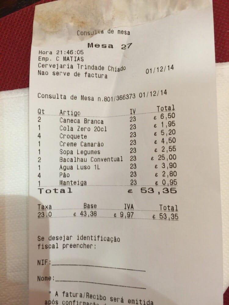 Menu at Trindade restaurant, Lisbon, R. Nova da Trindade 20 C
