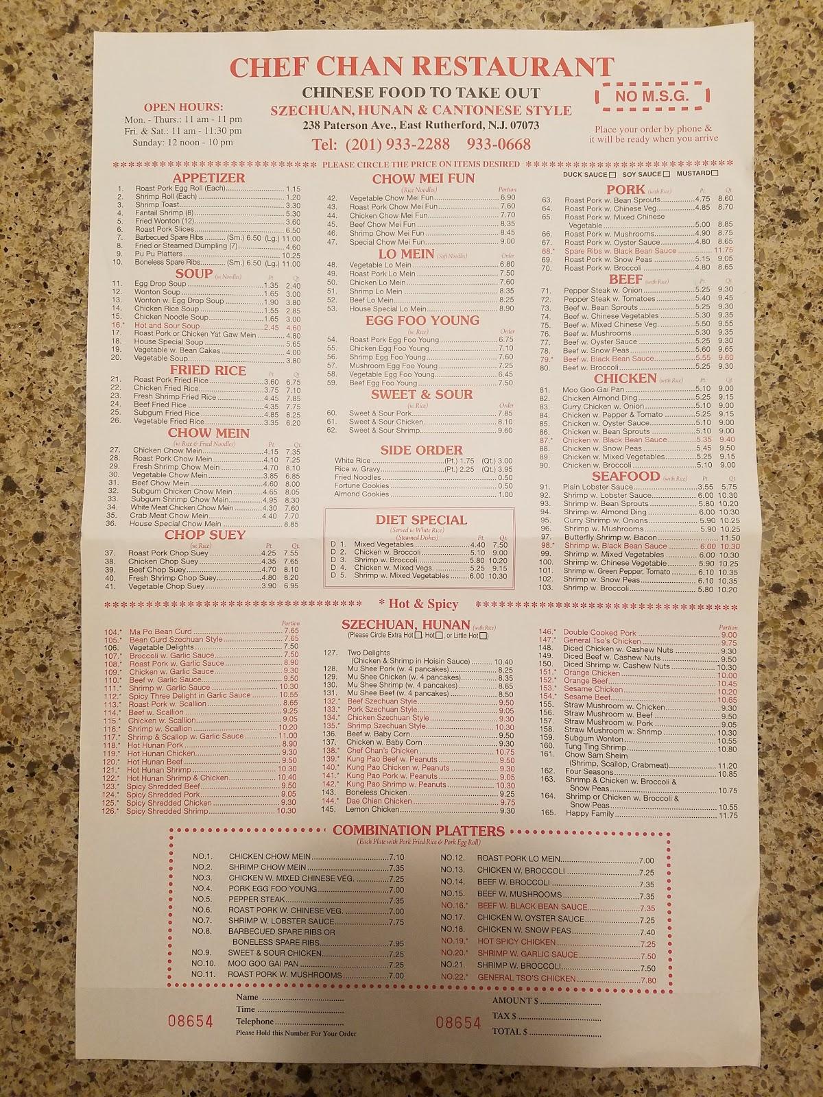 Menu at Chef Chan Restaurant, East Rutherford