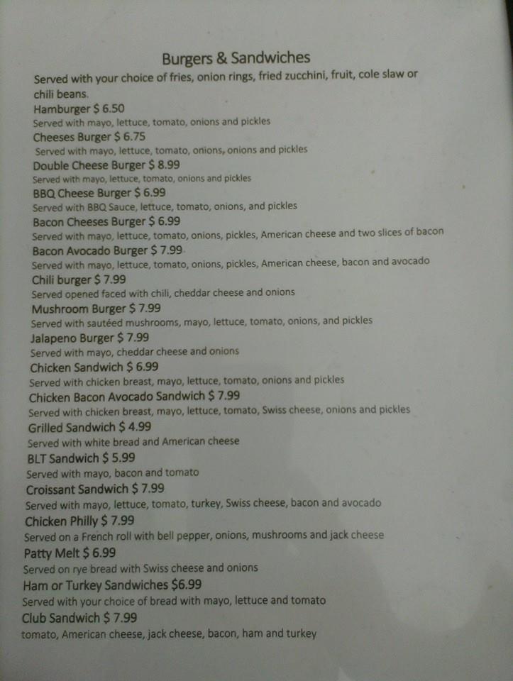 Menu at Johnny's restaurant, Pahrump