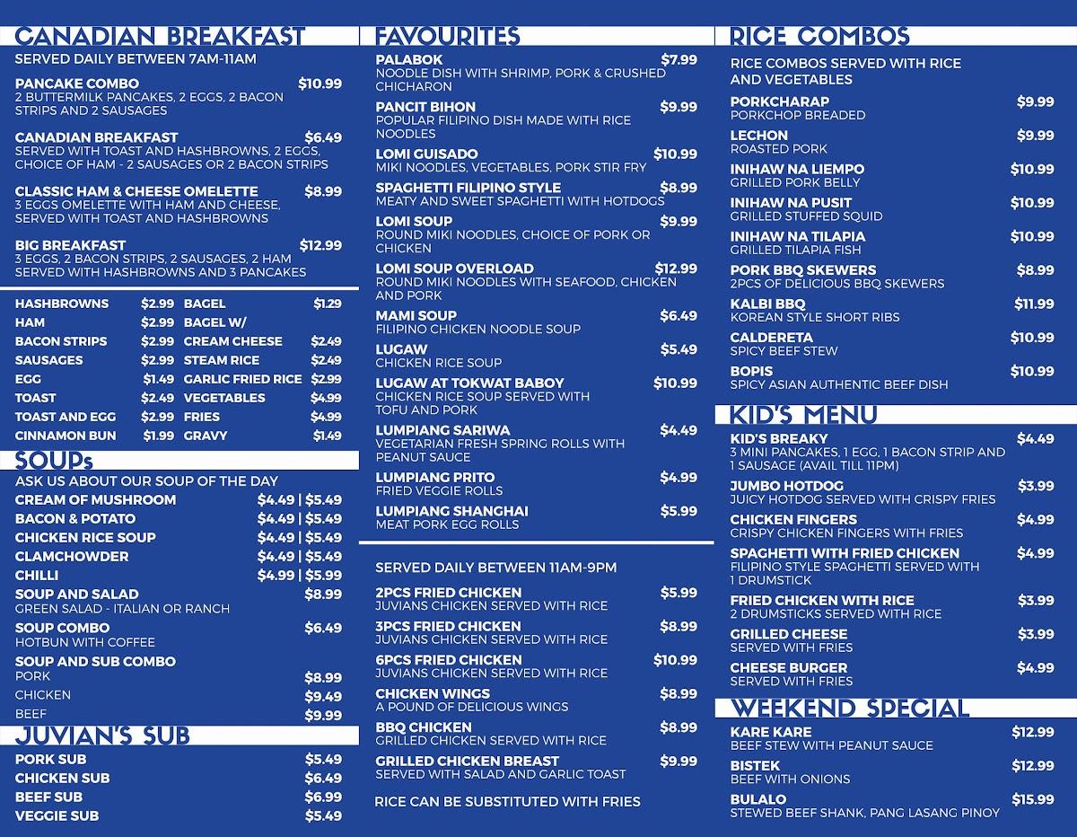 Menu at Juvian's Restaurant, Winnipeg, Notre Dame Ave