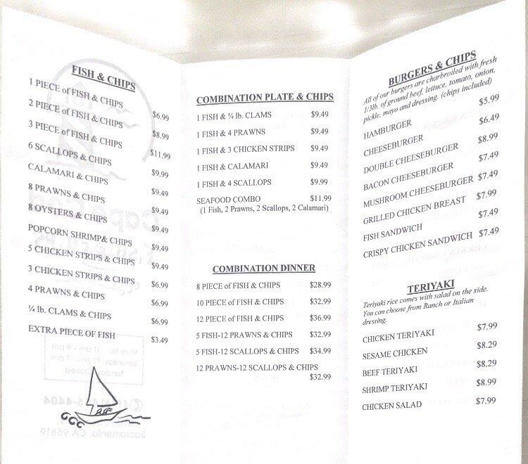 Menu at Cape Cod Fish & Chips restaurant, Sacramento