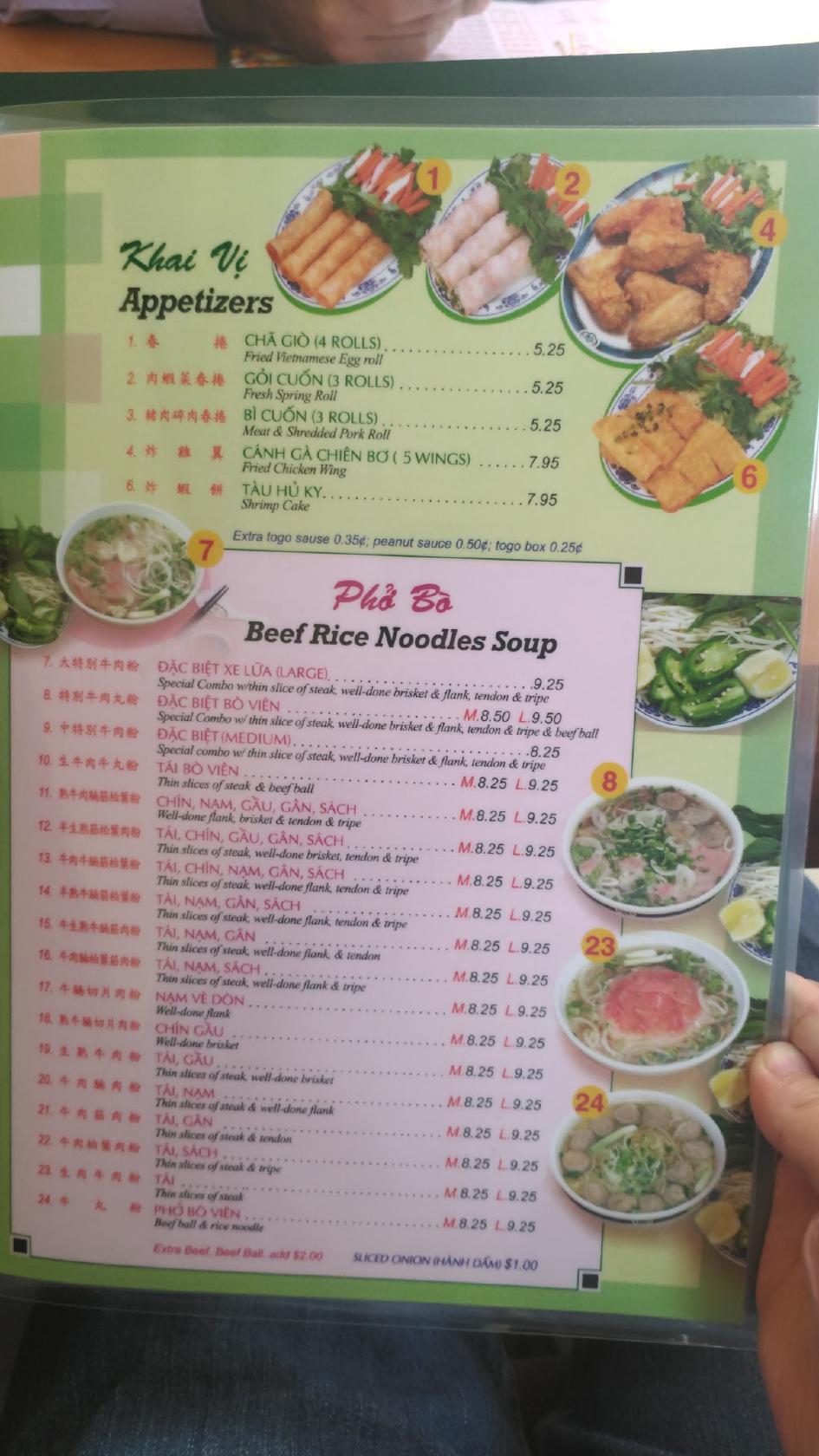 Menu at Thanh Loi Noodles restaurant, Salinas