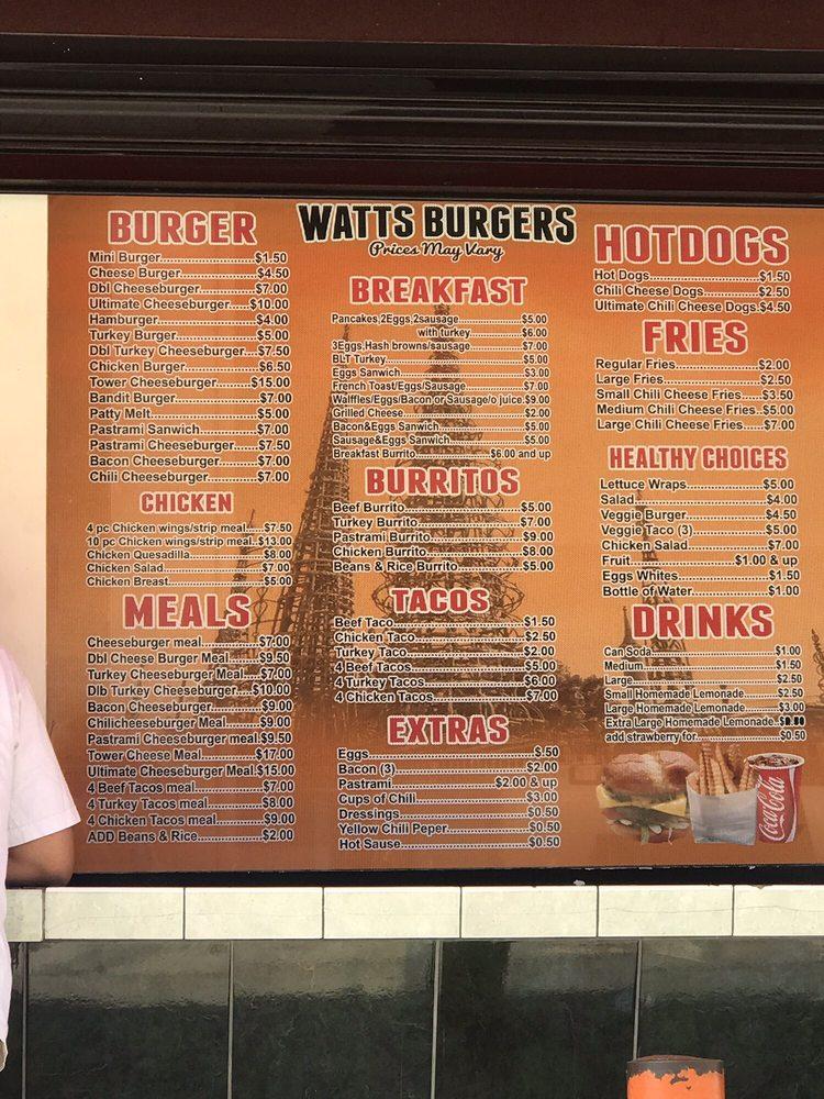 Menu at Watts Burgers fast food, Los Angeles