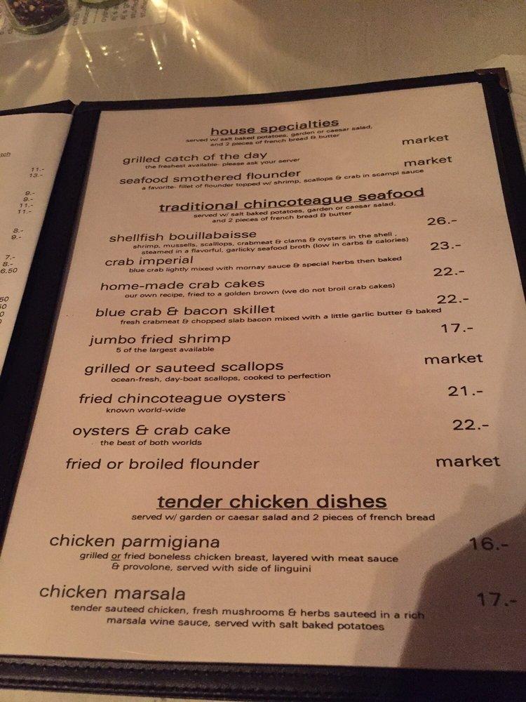 Menu at AJ's on the Creek steakhouse, Chincoteague Island