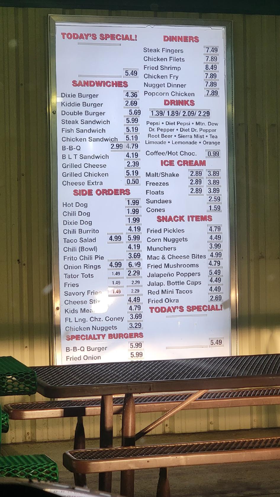 Menu at Dixie Dog Drive-In restaurant, Ponca City