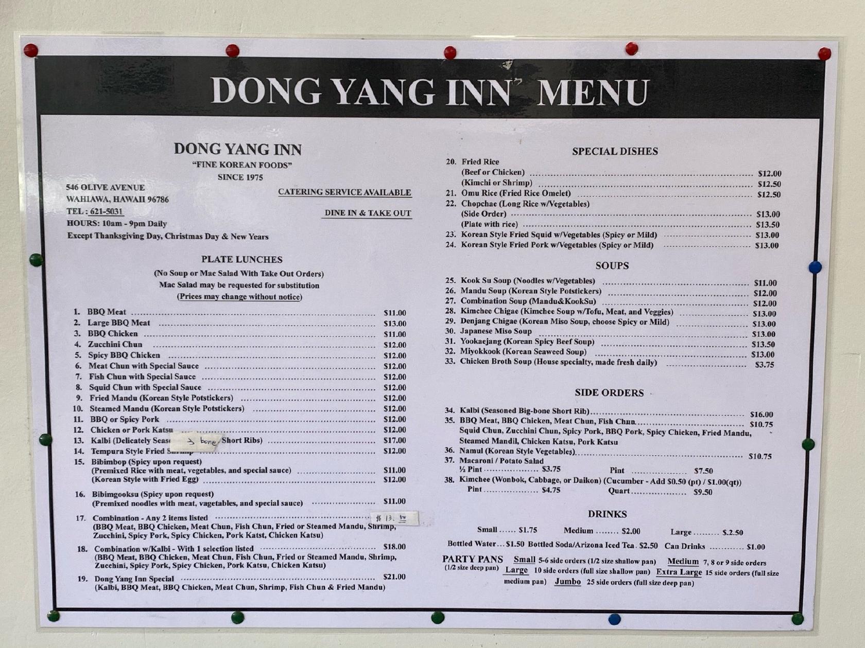 Menu at Dong Yang Inn restaurant, Wahiawa