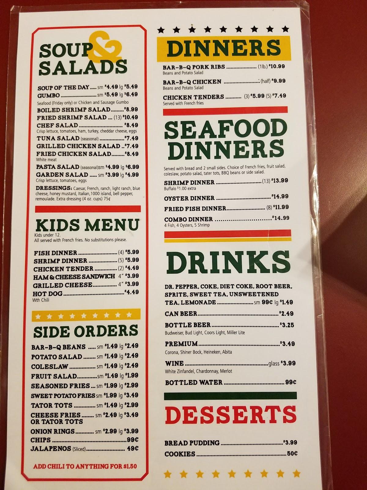 Menu at Fat Daddy's restaurant, Plaquemine