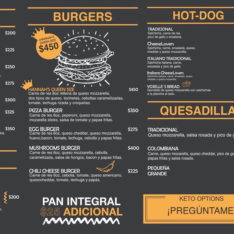 Menu at Hannah's Burger & Grill restaurant, Bonao