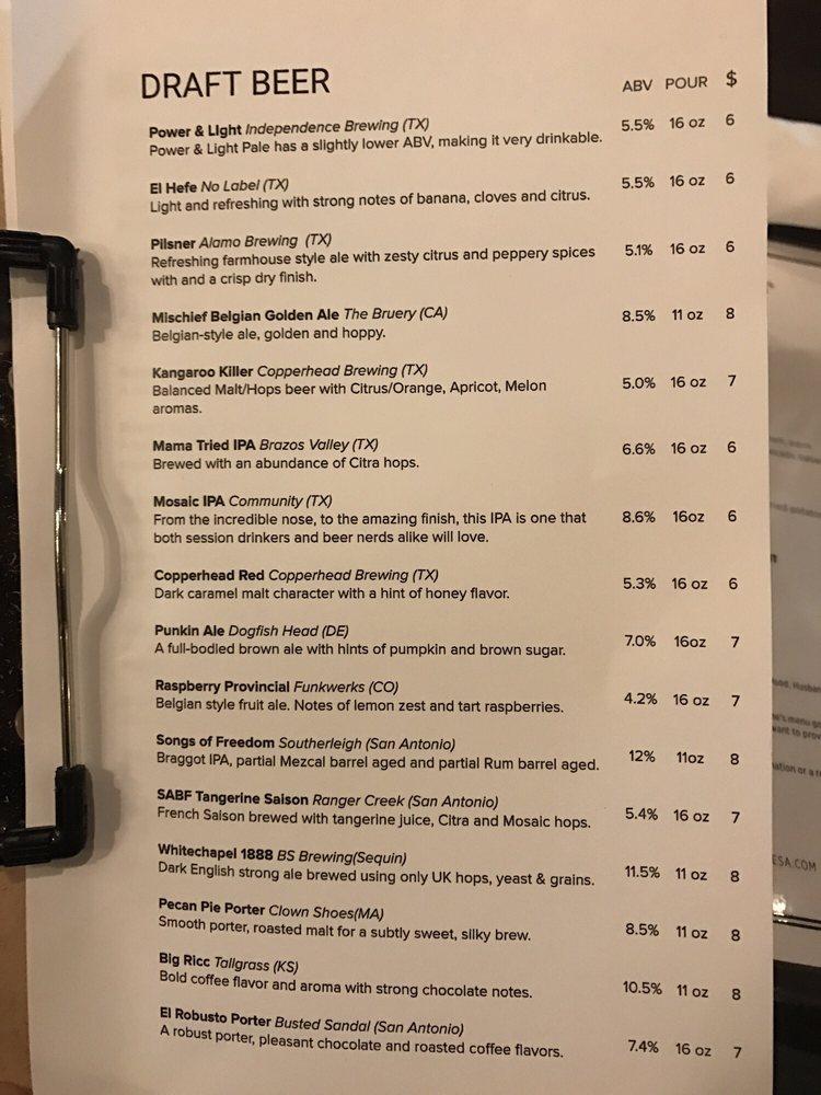 Menu at Hop & Vine restaurant, San Antonio