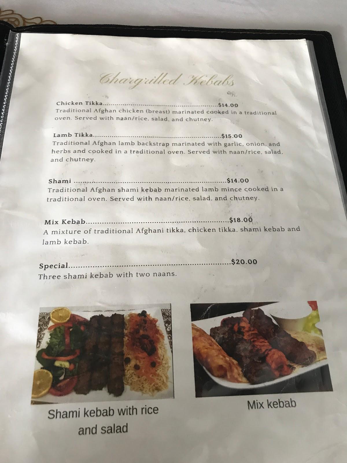 Menu at Kabul Kebab restaurant, Woodridge