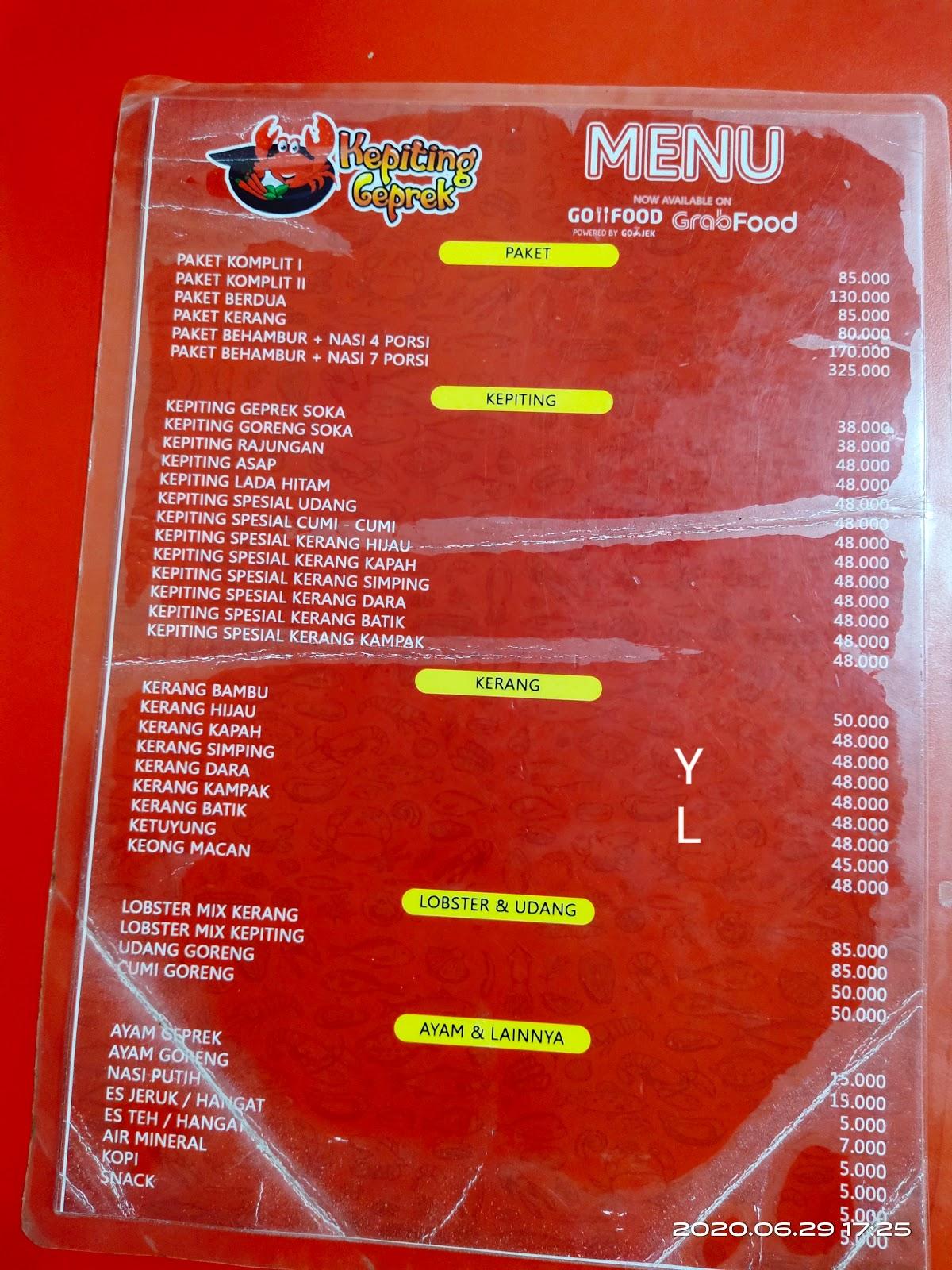 Menu at Kepiting geprek restaurant, Samarinda