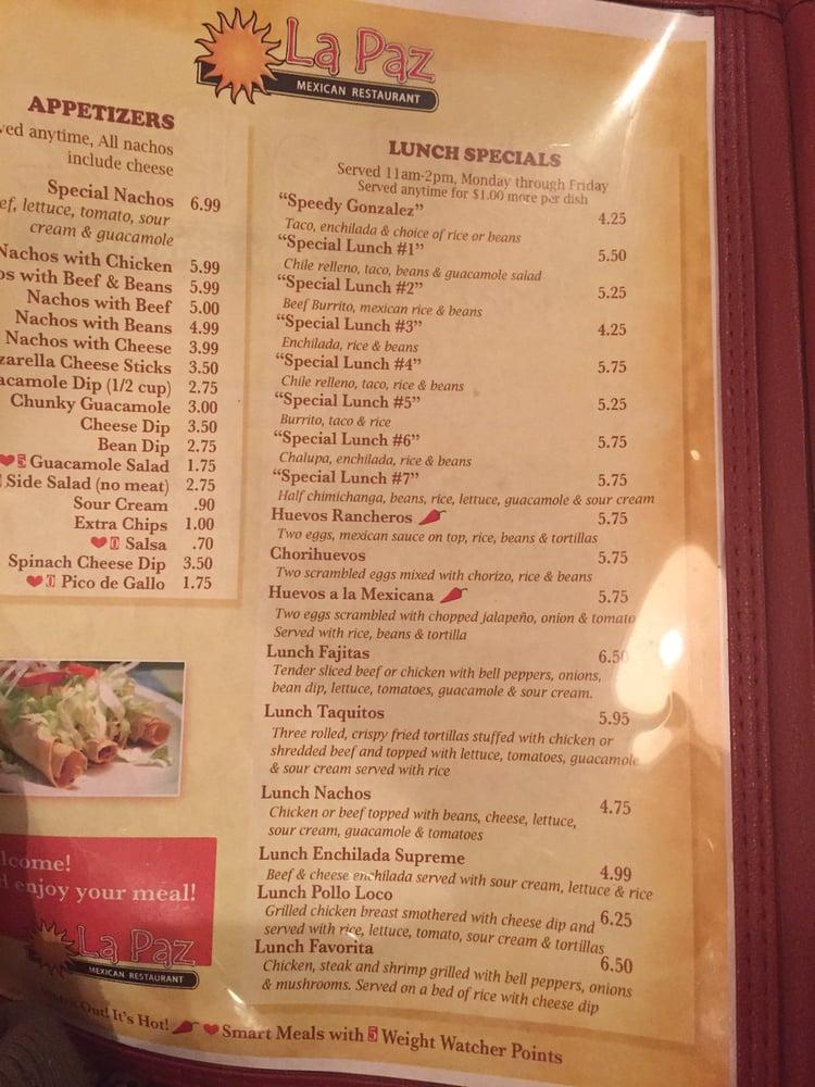 Menu at La Paz Mexican Restaurant & Grill, Boiling Springs