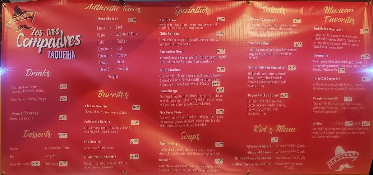 Menu at Los Tres Compadres restaurant, Kingston