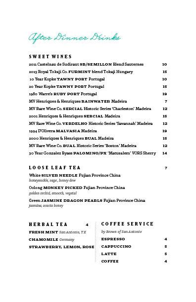 Menu at Maverick Texas Brasserie restaurant, San Antonio