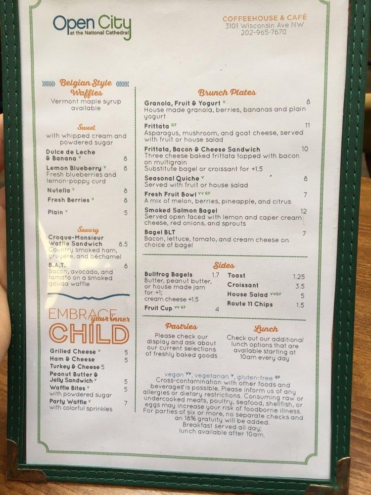 Menu at Open City at the National Cathedral cafe, Washington, Wisconsin ...