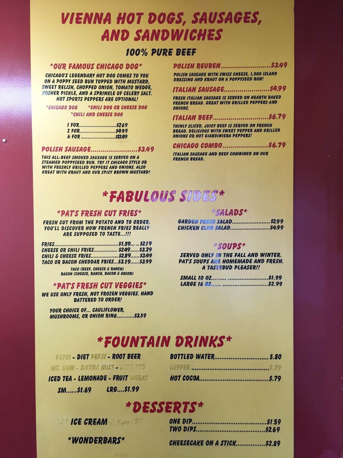 Menu at Pat's Chicago Dogs fast food, Syracuse
