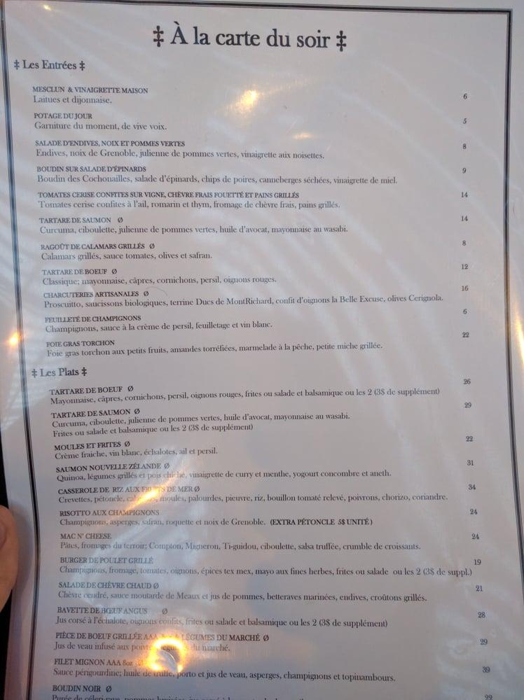 Menu at Pinocchio restaurant, Magog