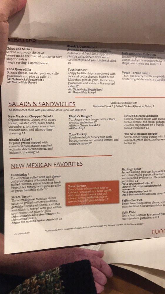 Menu at Rhoda's Restaurant, Taos Ski Valley