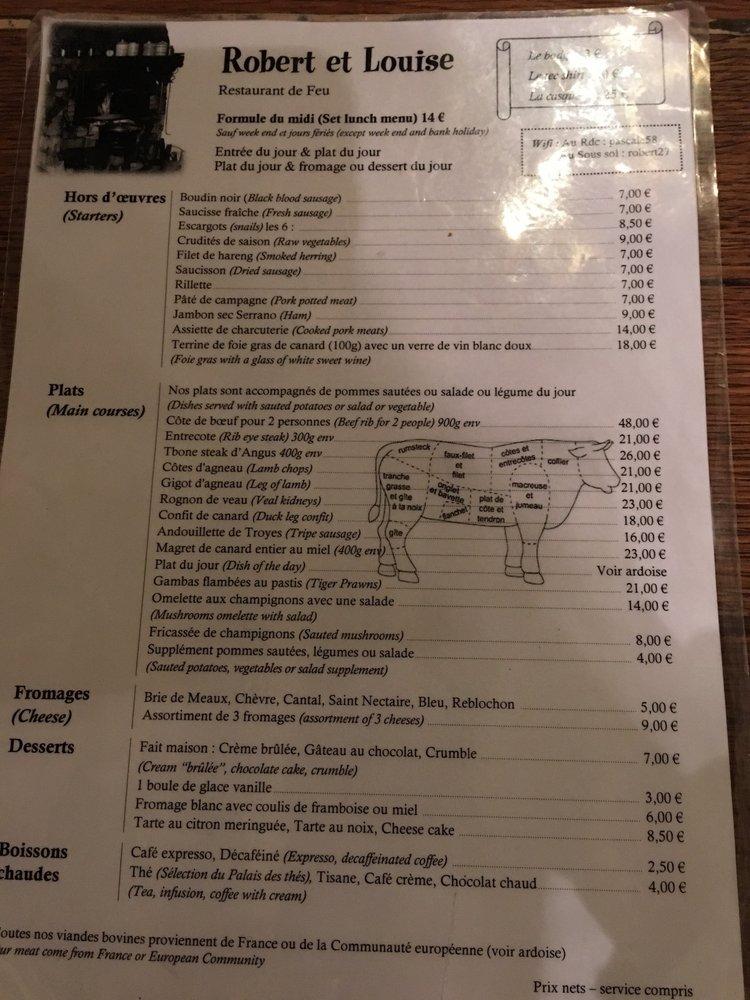 Menu at Robert et Louise steakhouse, Paris