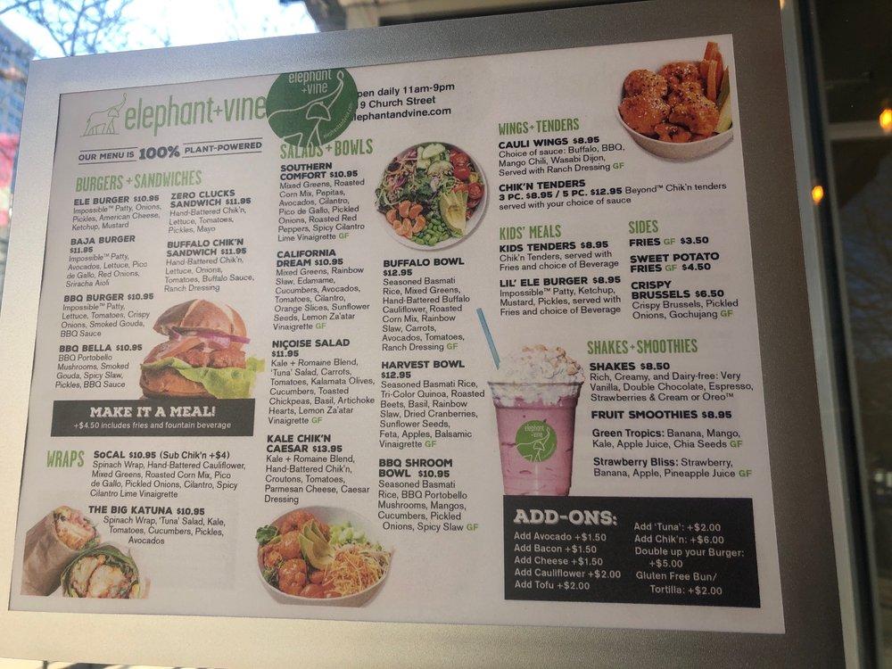 Menu at elephant + vine restaurant, Evanston