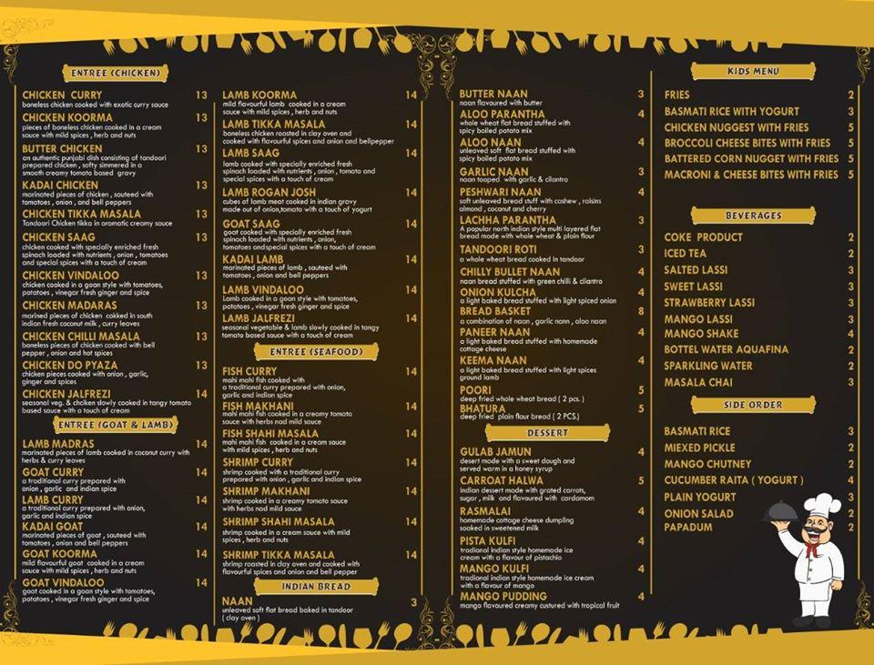 Menu at Aroma Indian Cuisine &Bar, Largo