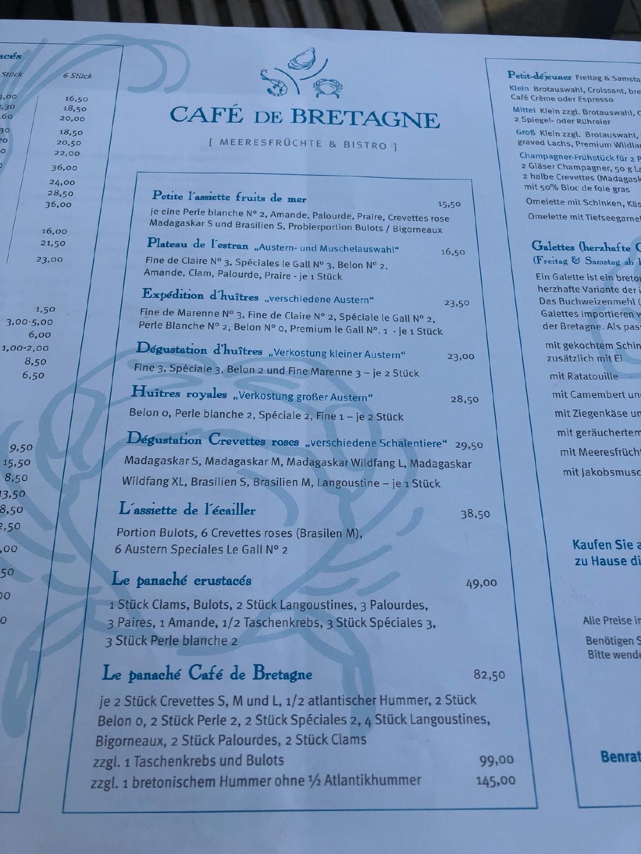 Speisekarte von Café de Bretagne restaurant, Düsseldorf, Benrather ...