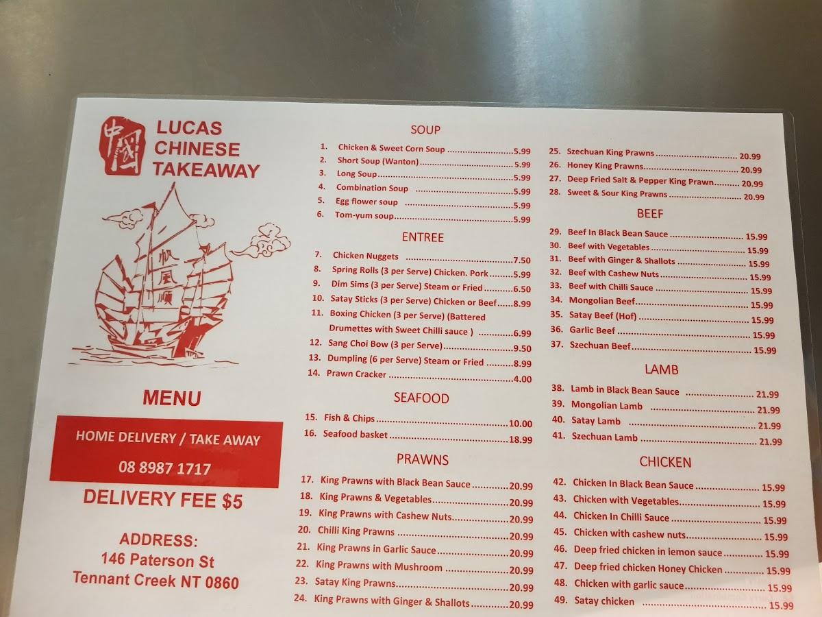 Menu at Lucas's Chinese Takeaway restaurant, Tennant Creek